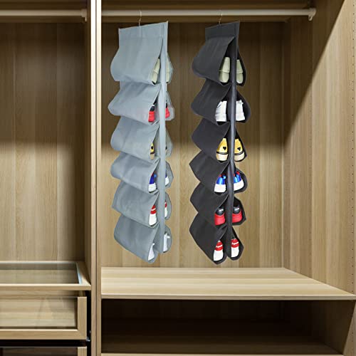 asoqwal 2 Pack 12 Large Pockets Hanging Shoe Organizer for Closet with Roating Hanger for Storage Mens Shoes,Kids Clothes,Also can used as Travel shoe rack hanging,Grey