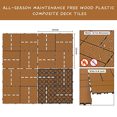 TONAHUTU 6PCS Interbuild Hardwood Interlocking Patio Deck Tiles, 12"x12" Wood Plastic Composite Tiles Outdoor Flooring for Patio Garden Deck Poolside Click Floor Decking Tile - Teak