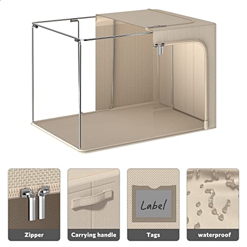 FHSQX Storage Bins, Large Capacity Clothes Bag Organizer with Window & Carry Handles, Foldable Stackable Container Set, Closet Organization for Comforters (2-PACK) (Beige, Big 19.7 x 16 x 13.7)