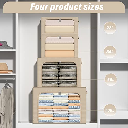 FHSQX Storage Bins, Large Capacity Clothes Bag Organizer with Window & Carry Handles, Foldable Stackable Container Set, Closet Organization for Comforters (2-PACK) (Beige, Big 19.7 x 16 x 13.7)