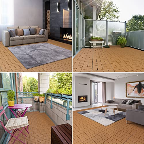 TONAHUTU 6PCS Interbuild Hardwood Interlocking Patio Deck Tiles, 12"x12" Wood Plastic Composite Tiles Outdoor Flooring for Patio Garden Deck Poolside Click Floor Decking Tile - Teak