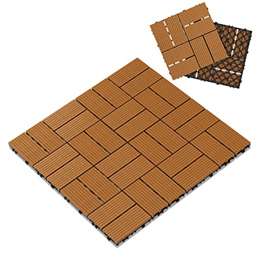 TONAHUTU 6PCS Interbuild Hardwood Interlocking Patio Deck Tiles, 12"x12" Wood Plastic Composite Tiles Outdoor Flooring for Patio Garden Deck Poolside Click Floor Decking Tile - Teak