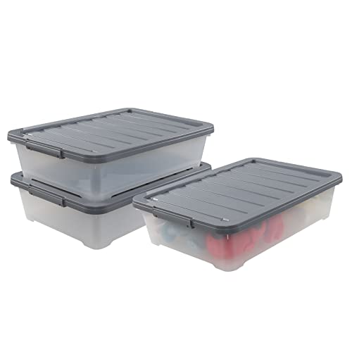 CadineUS 3-pack Large Plastic Under Bed Boxes with Wheels, Shallow Storage Tote Bins, 40 Quarts
