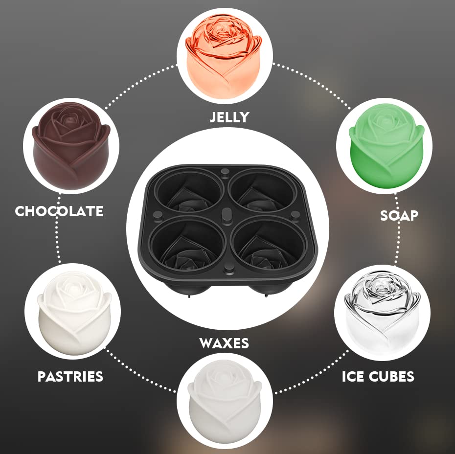 Pack 2, KooMall Large Ice Cube Tray, 3D Rose Ice Mold 2.5 Inch, Make 8 Giant Cute Flower Shape Ice, Silicone Fun Big Ice Ball Maker for Cocktails Juice Whiskey Bourbon Freezer, 1 Pink & 1 Black