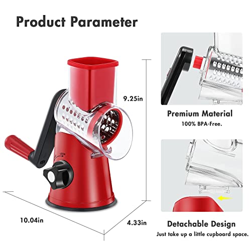 Cheese Grater Rotary, Rotary Grater for Kitchen, Kitchen Grater Vegetable Slicer with 3 Drum Blades, Fast Cutting Cheese Shredder for Vegetables and Nuts