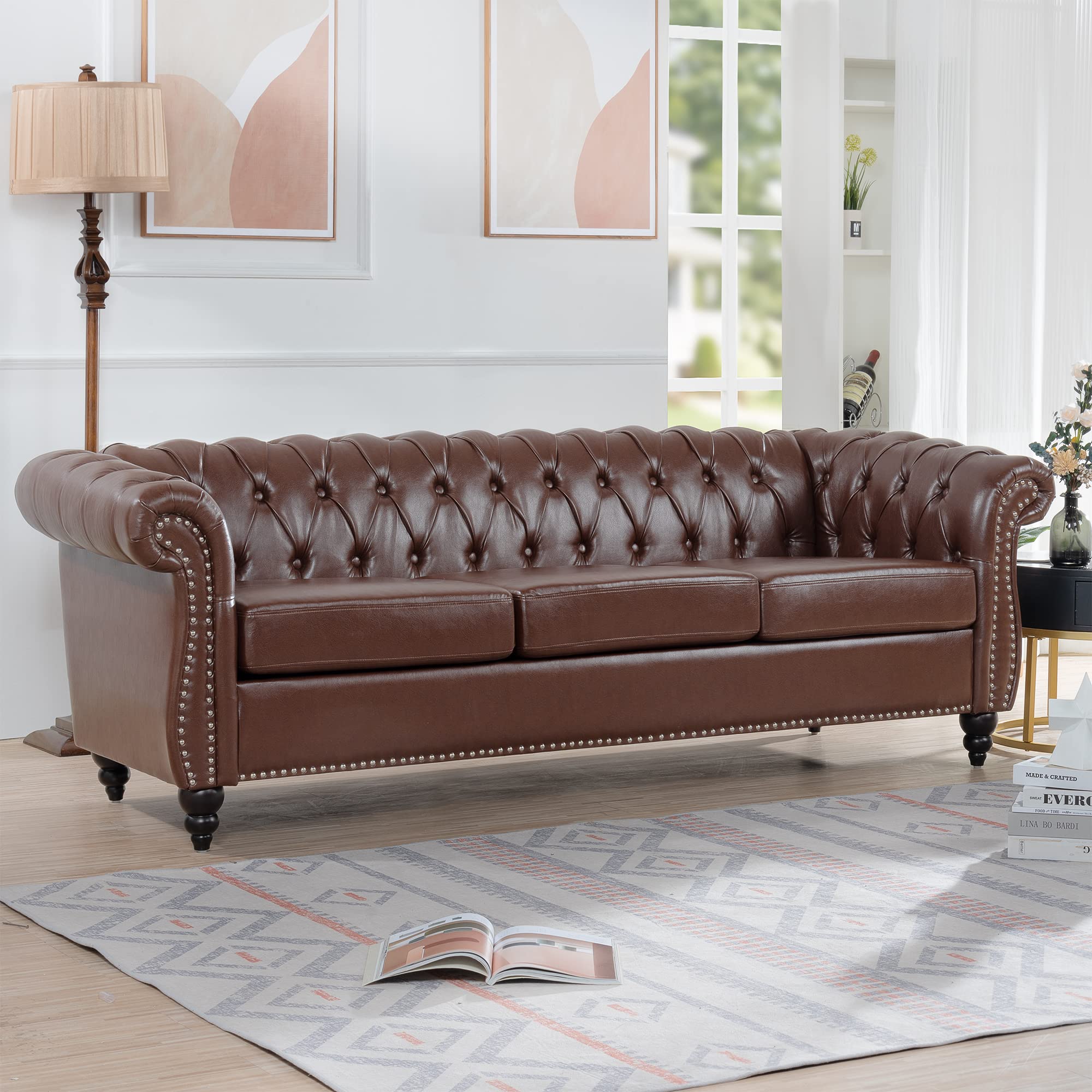 LEVNARY Chesterfield Sofa, Classic Tufted Upholstered Leather Couch, Modern 3 Seater Couch Furniture with Tufted Back for Living Room Office (Dark Brown)