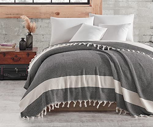 Aegean Concept - 100% Organic Cotton Turkish Throw Blanket ; 90" x 63" (230 cm x 160 cm) Twin Size Modern Boho Rustic Bedspread for Chair, Bed or Couch | Indoor or Outdoor Cozy Hand Woven-Black