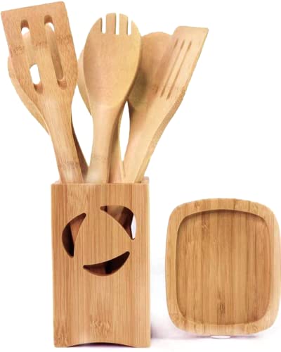 REHAU Bamboo Kitchen Utensils Set 8pcs ā Non-Stick Wooden Spoons for Cooking ā Quality Wooden Spoon & Wooden Spatula Set, Kitchen Wooden Utensils for Cooking - Easy to Clean Wooden Cooking