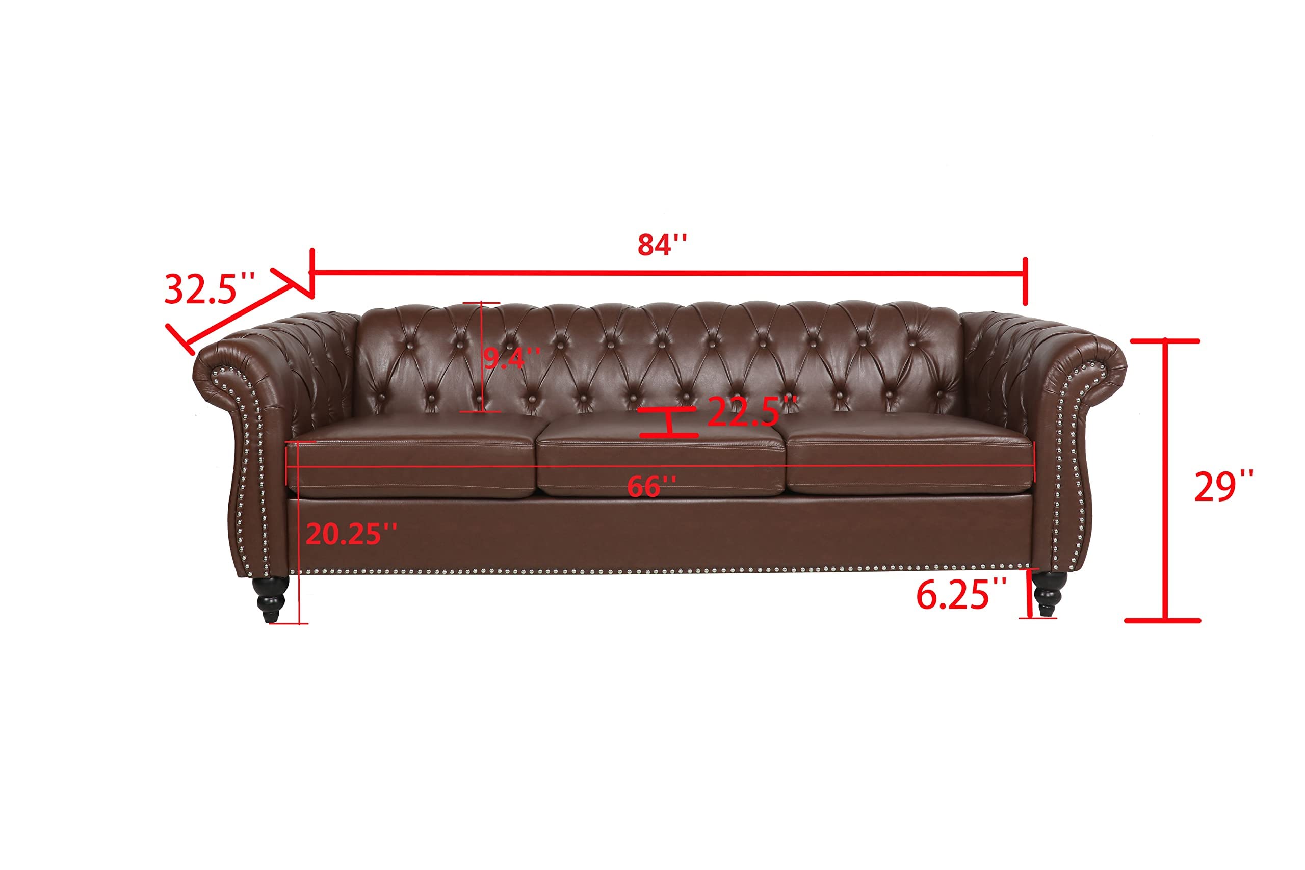 LEVNARY Chesterfield Sofa, Classic Tufted Upholstered Leather Couch, Modern 3 Seater Couch Furniture with Tufted Back for Living Room Office (Dark Brown)