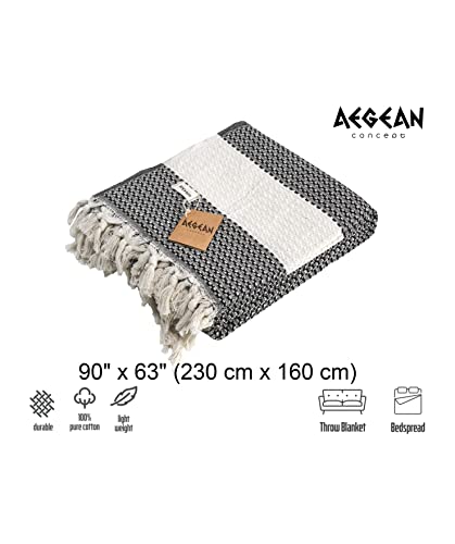 Aegean Concept - 100% Organic Cotton Turkish Throw Blanket ; 90" x 63" (230 cm x 160 cm) Twin Size Modern Boho Rustic Bedspread for Chair, Bed or Couch | Indoor or Outdoor Cozy Hand Woven-Black