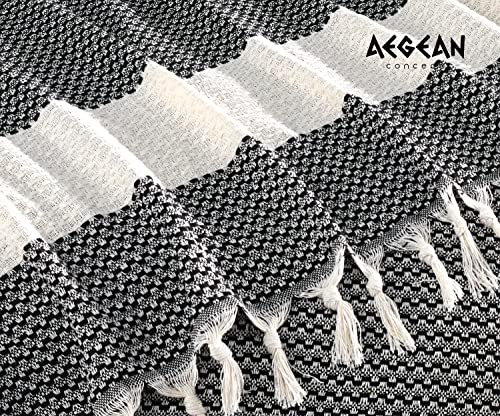 Aegean Concept - 100% Organic Cotton Turkish Throw Blanket ; 90" x 63" (230 cm x 160 cm) Twin Size Modern Boho Rustic Bedspread for Chair, Bed or Couch | Indoor or Outdoor Cozy Hand Woven-Black