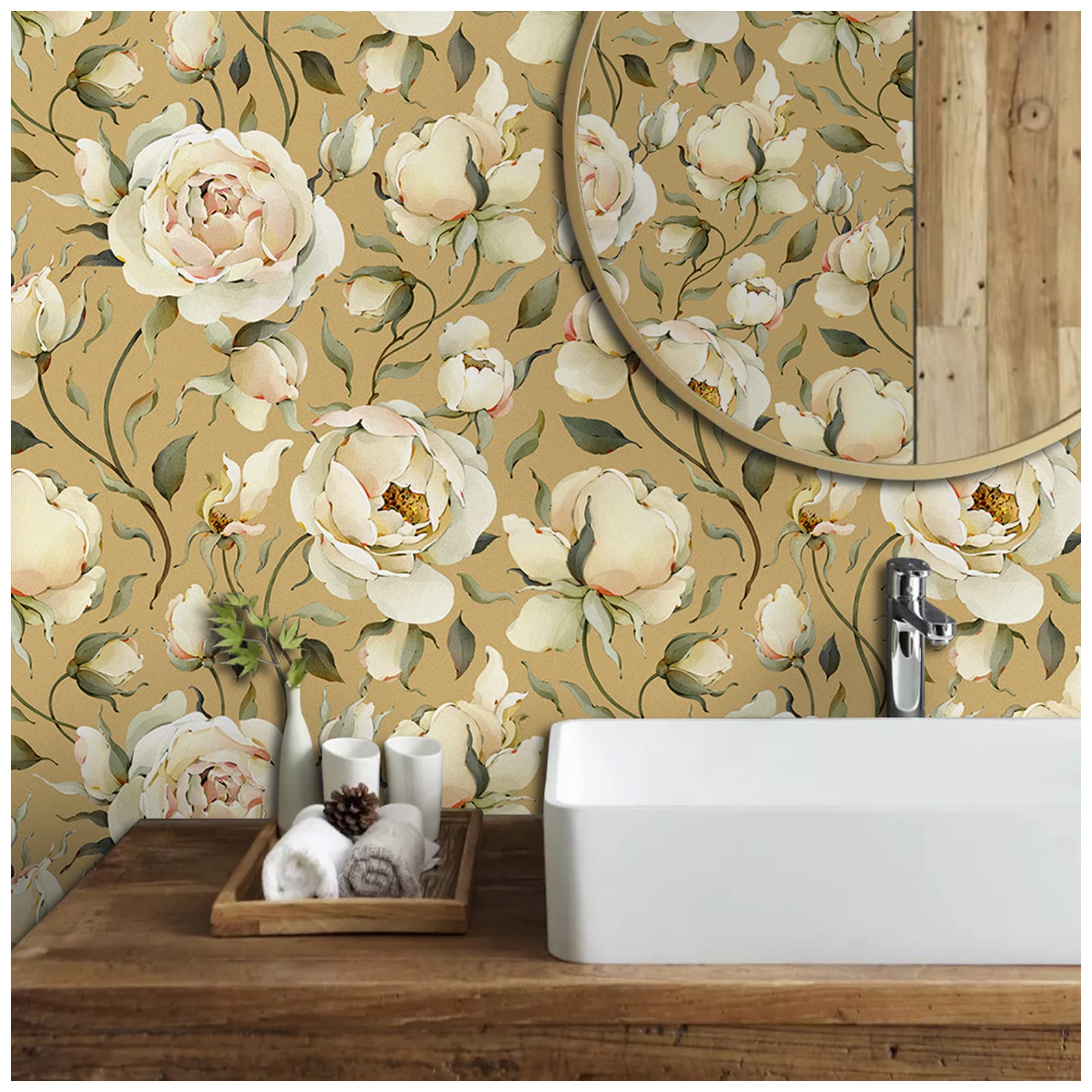 HAOKHOME Vintage Roses Floral Peel and Stick Wallpaper Peonies Removable Yellow/Beige/Olive Vinyl Self Adhesive Mural 17.7in x 9.8ft