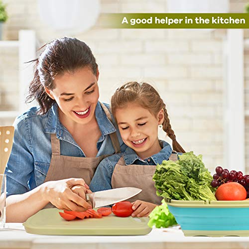 Collapsible Cutting Board, HI NINGER Foldable Chopping Board with Colander, 9-In-1 Multi Chopping Board Kitchen Vegetable Washing Basket Silicone Dish Tub for Camping, Picnic, BBQ, Kitchen-Green