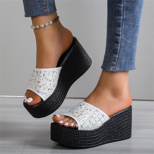 Ladies Fashion Summer Colorful Cloth Open Toe Thick Sole Slope Heel Sandals Womens Platform Sandal (White, 8)