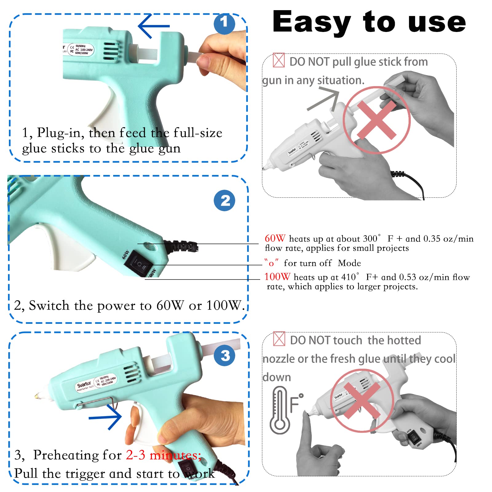 Full Size Hot Glue Gun Kit with 60W/100W/OFF Switch, 9.8ft Extra-long Power Cord Industrial Glue Gun with 2 Nozzles, 15 Glue Sticks, Case, Dual Power High Temp Hot Melt Glue Gun Large for Craft, Green