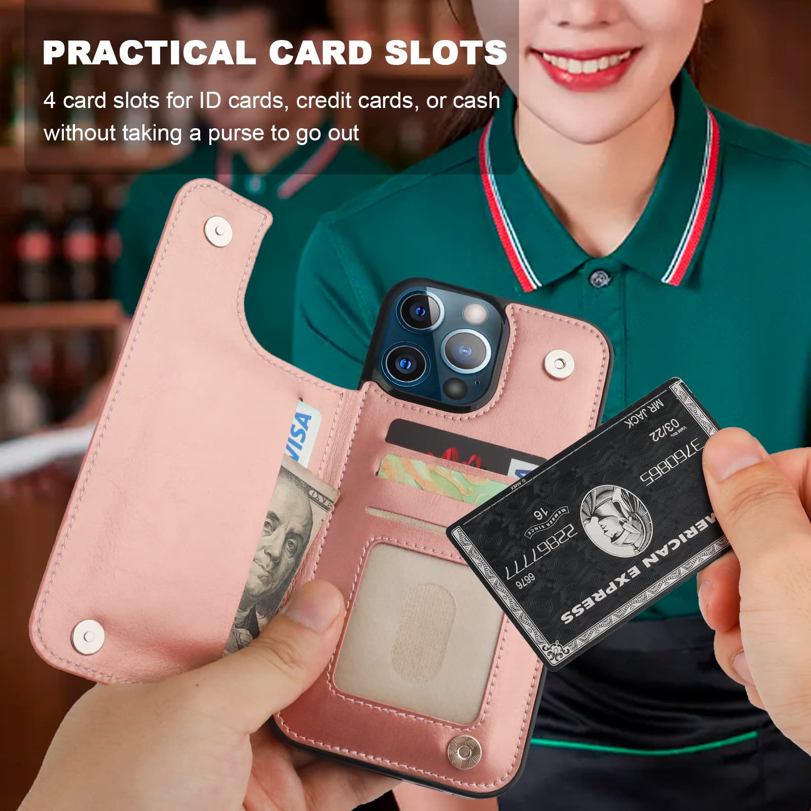 Onetop for iPhone 13 Pro Max Wallet Case with Card Holder, 360° Rotation Ring Kickstand RFID Blocking PU Leather Double Magnetic Clasp Shockproof Cover for Women and Girls 6.7 Inch (Rose Gold)