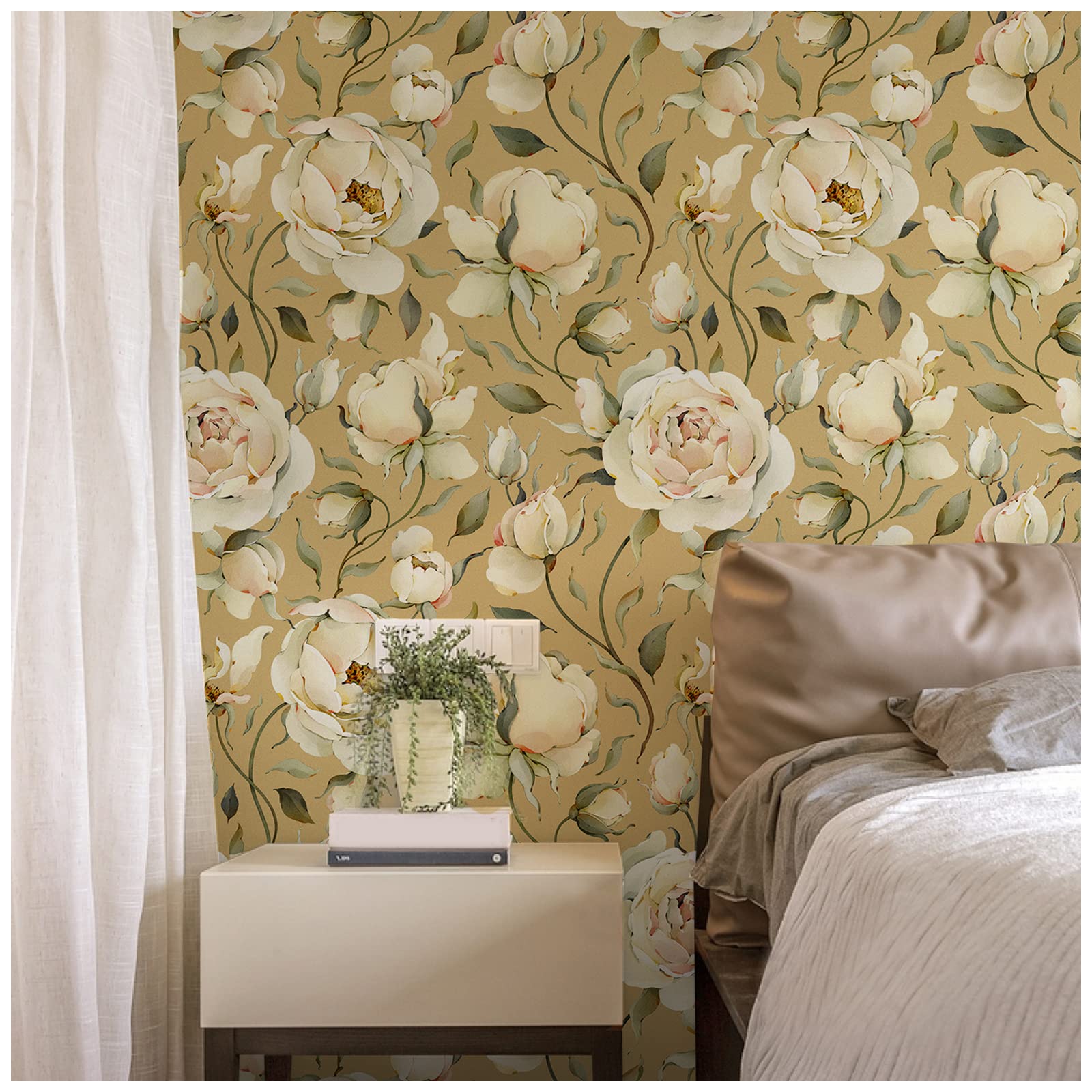 HAOKHOME Vintage Roses Floral Peel and Stick Wallpaper Peonies Removable Yellow/Beige/Olive Vinyl Self Adhesive Mural 17.7in x 9.8ft