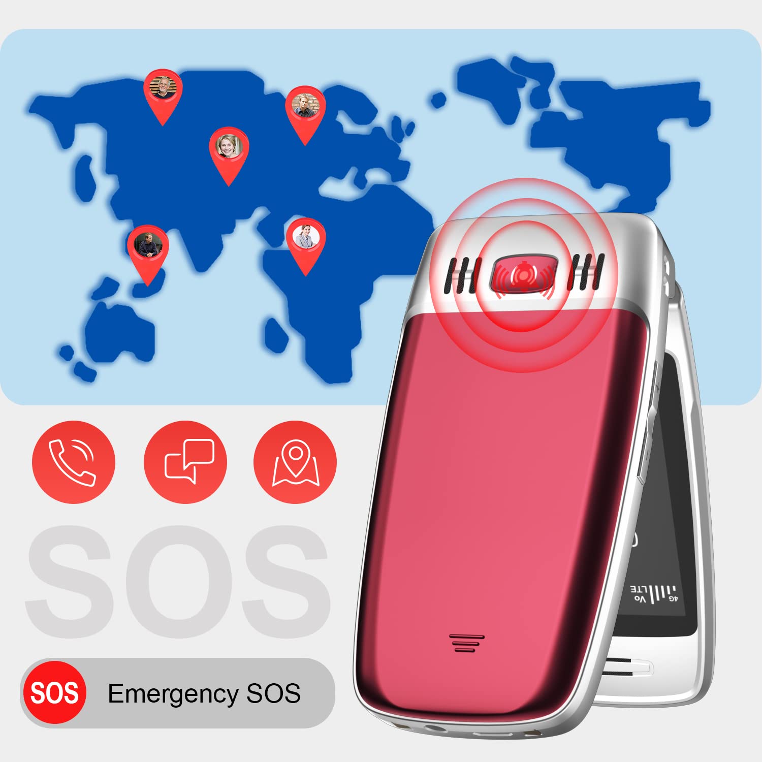 Easyfone T300 4G LTE Unlocked Senior Flip Cell Phone, Big Button Clear Sound Flip Mobile Phone for Elderly with SOS Button, GPS and Big Charging Dock (Red)