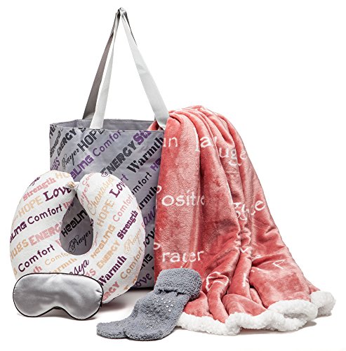 Chanasya and Healing Hugs Gift Throw Blanket Set - Sympathy, Warm Postive Thoughts, Courage and Strength - 5-Piece Combo Pack (Blanket, Neck Pillow, Eye Mask, Tote Bag and Socks) Rose Tan