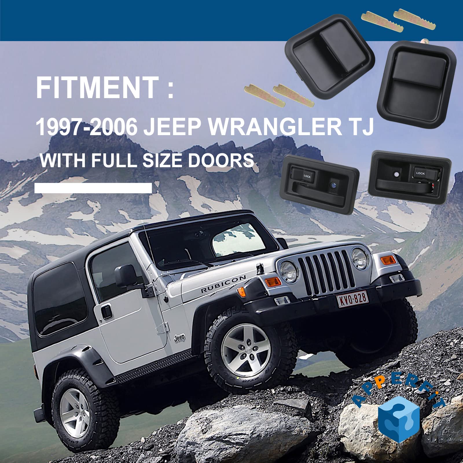 APPERFiT Exterior & Interior Door Handles w/Keepers Compatible with Jeep Wrangler YJ TJ 1991-2006 with Full Doors Replaces 55176382AE 55176383AE 55176477AB 55176476AB