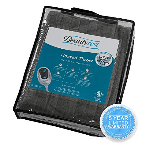 Beautyrest Fleece Electric Blanket Heated Throw Wrap Super Soft Hypoallergenic with Auto Shutoff-3-Setting Controller, 50 x 60 in, Grey