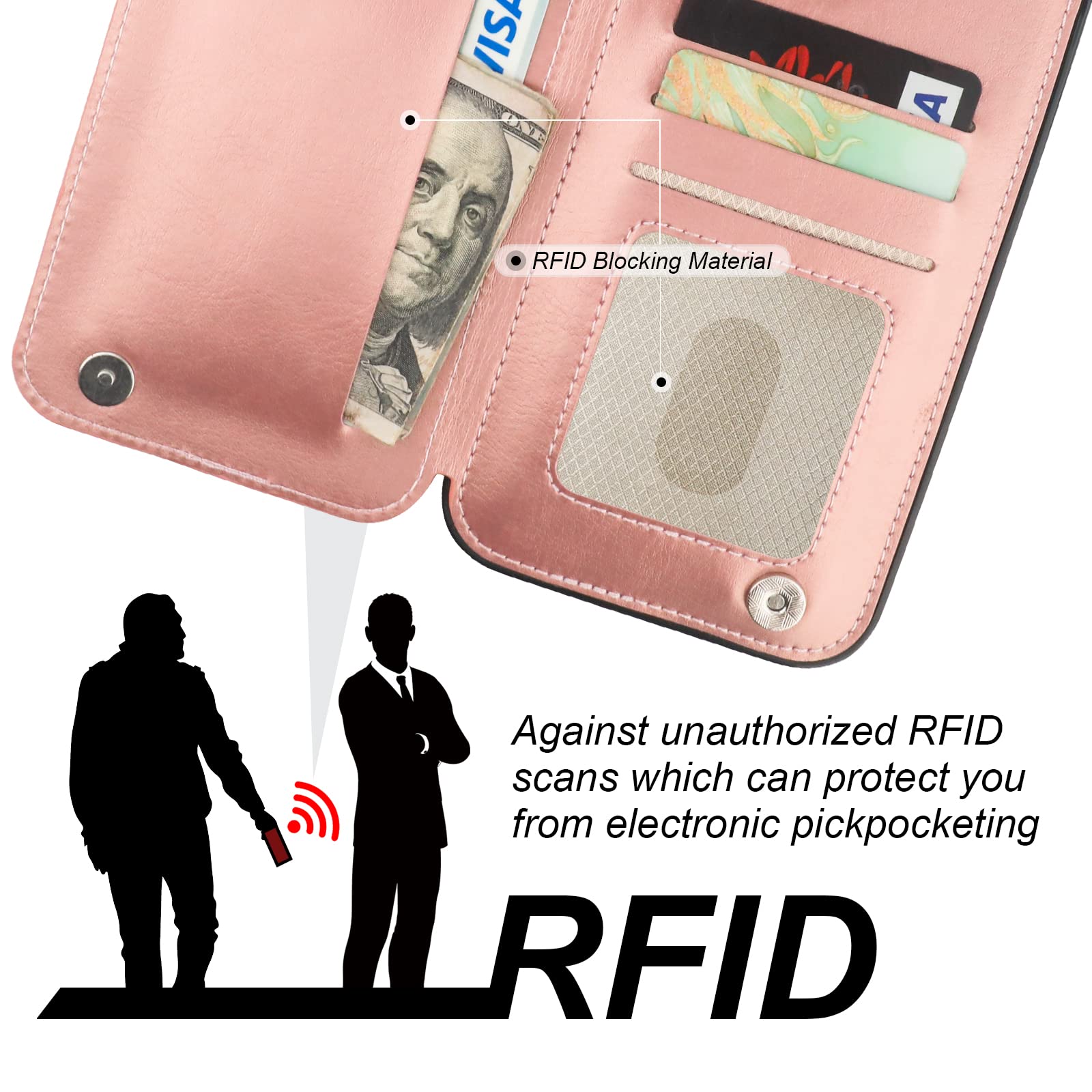Onetop for iPhone 13 Pro Max Wallet Case with Card Holder, 360° Rotation Ring Kickstand RFID Blocking PU Leather Double Magnetic Clasp Shockproof Cover for Women and Girls 6.7 Inch (Rose Gold)