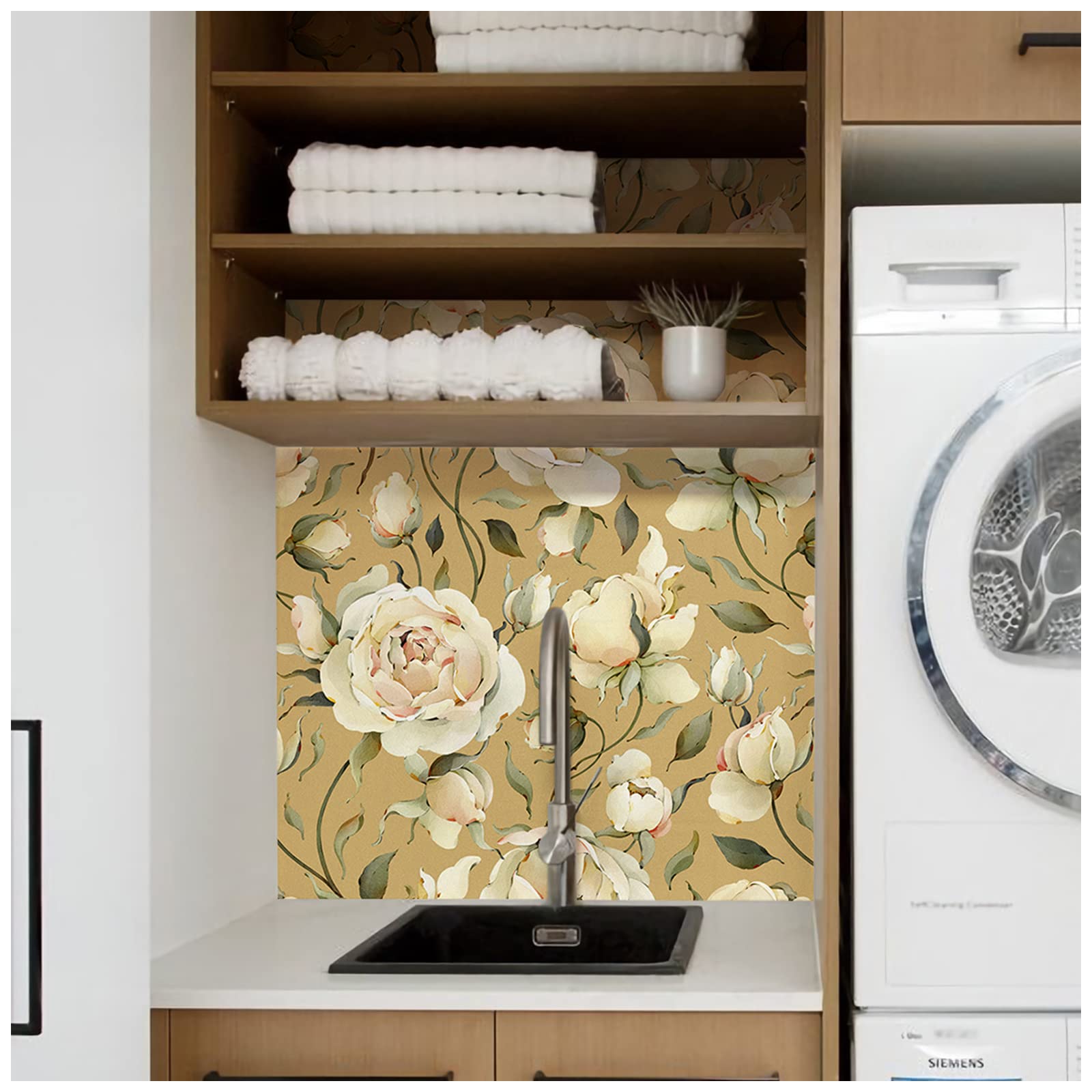 HAOKHOME Vintage Roses Floral Peel and Stick Wallpaper Peonies Removable Yellow/Beige/Olive Vinyl Self Adhesive Mural 17.7in x 9.8ft