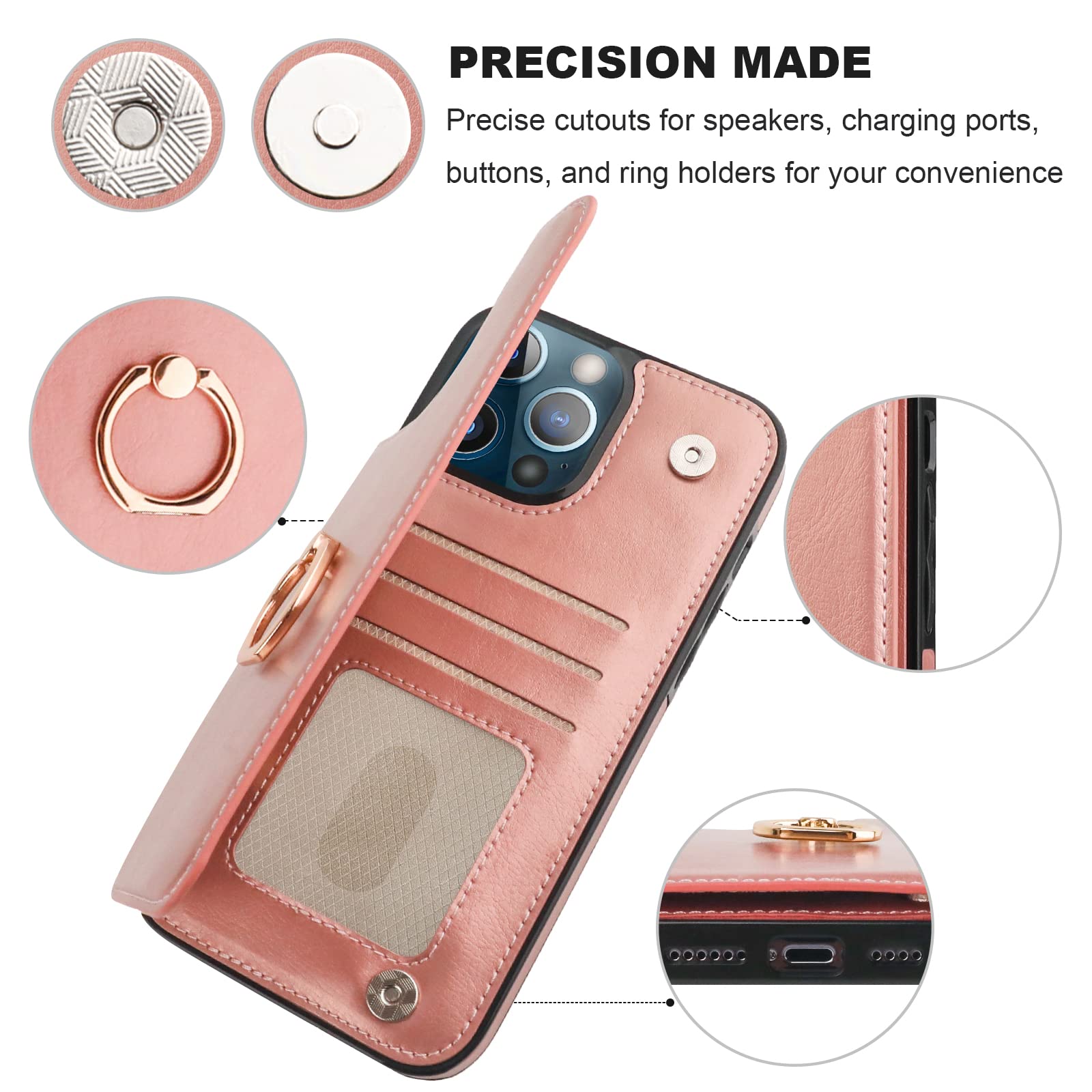 Onetop for iPhone 13 Pro Max Wallet Case with Card Holder, 360° Rotation Ring Kickstand RFID Blocking PU Leather Double Magnetic Clasp Shockproof Cover for Women and Girls 6.7 Inch (Rose Gold)