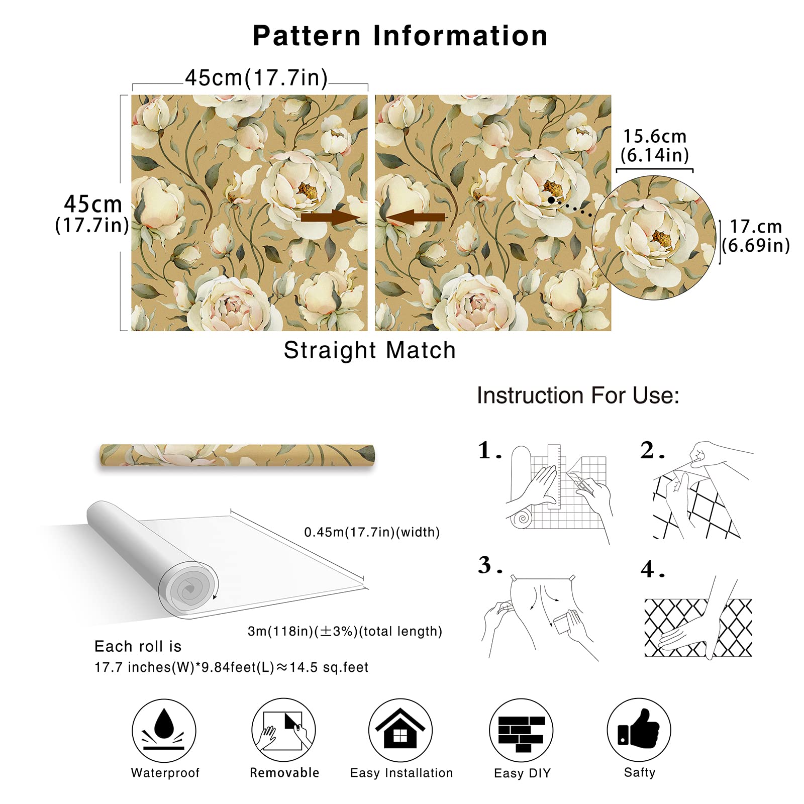 HAOKHOME Vintage Roses Floral Peel and Stick Wallpaper Peonies Removable Yellow/Beige/Olive Vinyl Self Adhesive Mural 17.7in x 9.8ft