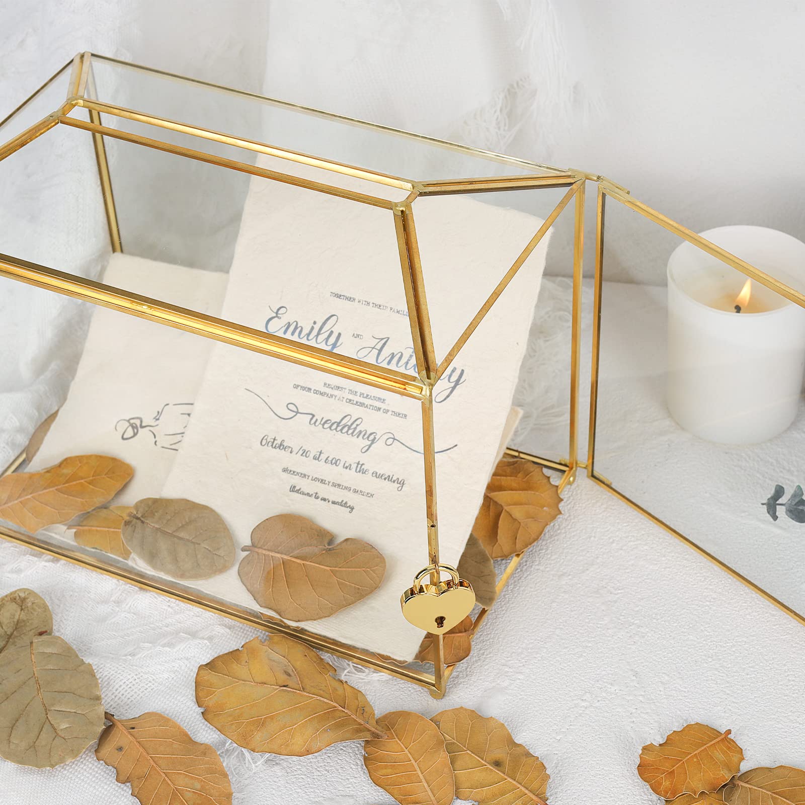 REDHUGO 10.2x5.9x7.9 in Medium Glass Card Box Handmade with Slot and Lock, Wedding Card Boxes for Reception, Graduation, Gift Cards, Party, Brass Geometric Terrarium, Golden Decorative Box