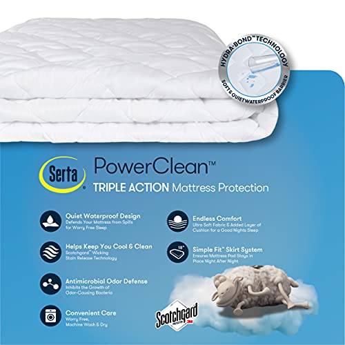 SERTA Power Clean Quilted Soft Waterproof Mattress Pad Protector with 15" Deep Pocket, Twin XL, White