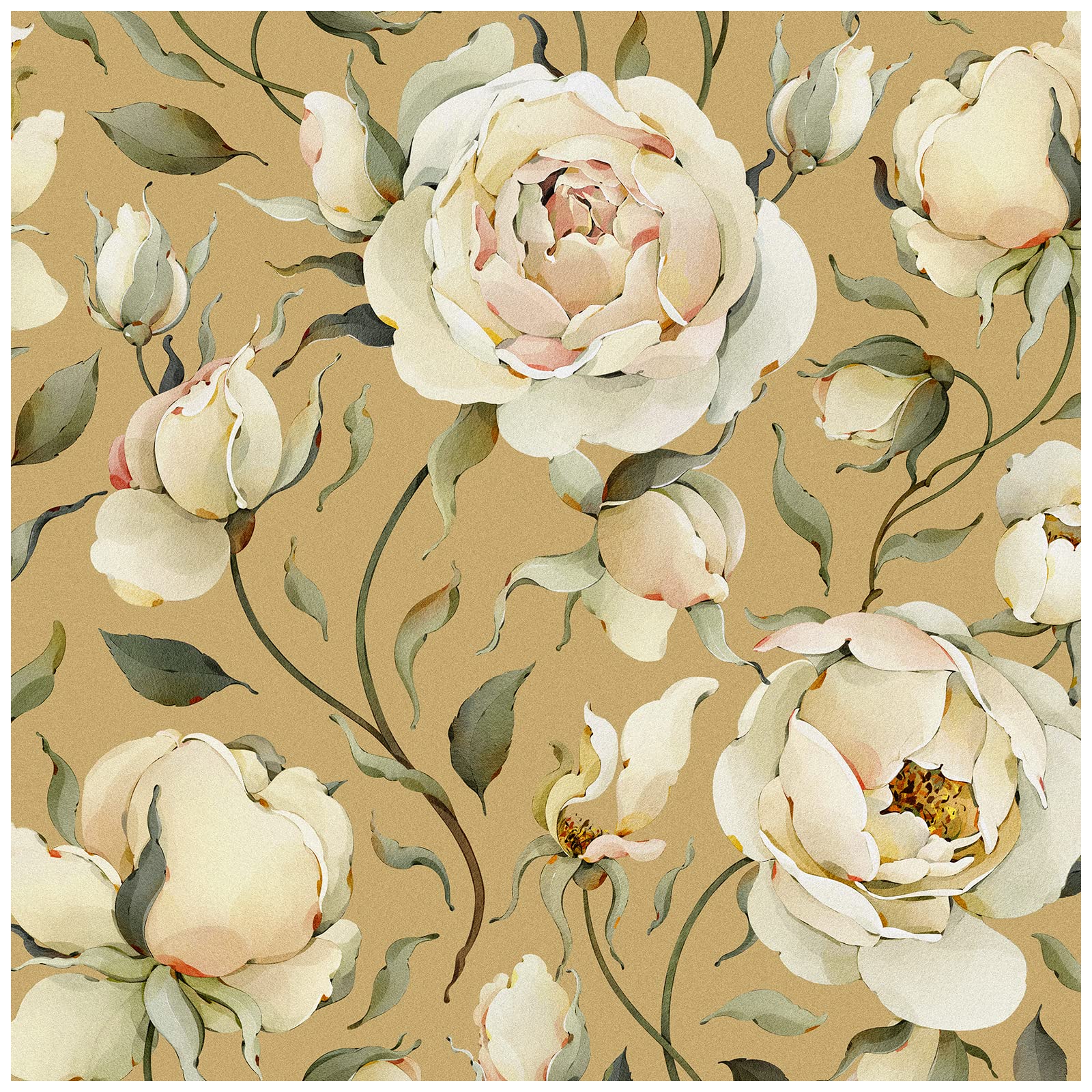 HAOKHOME Vintage Roses Floral Peel and Stick Wallpaper Peonies Removable Yellow/Beige/Olive Vinyl Self Adhesive Mural 17.7in x 9.8ft