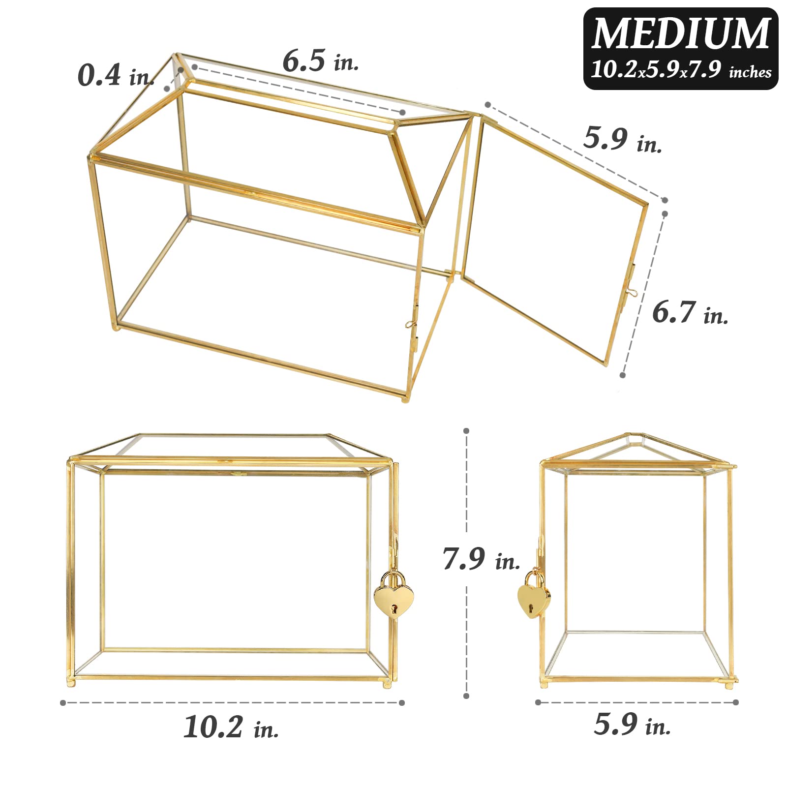 REDHUGO 10.2x5.9x7.9 in Medium Glass Card Box Handmade with Slot and Lock, Wedding Card Boxes for Reception, Graduation, Gift Cards, Party, Brass Geometric Terrarium, Golden Decorative Box