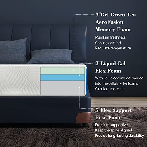 Queen Size Mattress, Made in USA, 10 Inch Green Tea Memory Foam Mattress, Bed in a Box, CertiPUR-US Certified, Medium Firm