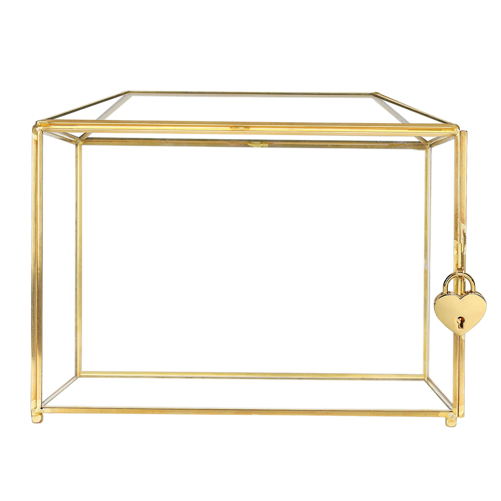 REDHUGO 10.2x5.9x7.9 in Medium Glass Card Box Handmade with Slot and Lock, Wedding Card Boxes for Reception, Graduation, Gift Cards, Party, Brass Geometric Terrarium, Golden Decorative Box