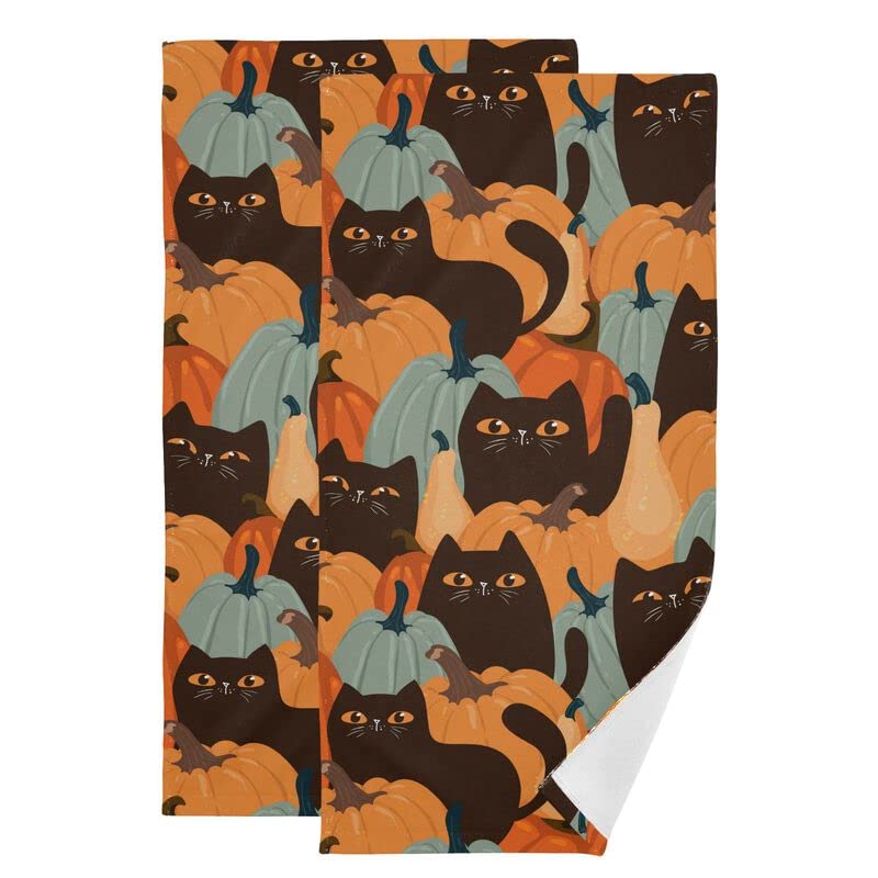 VKPSCHJ Cute Black Cats Pumpkins Bath Hand Towels Set of 2 Fall Halloween Kitchen Dish Towel Fingertip Towel for Bathroom Home Stove Decor Absorbent Soft