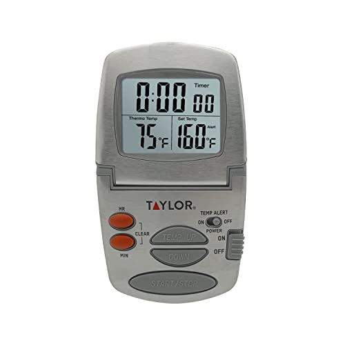 Taylor Programmable with Timer Instant Read Wired Probe Digital, Meat, Food, Grill BBQ Cooking Kitchen Thermometer, Stainless Steel