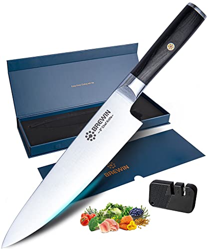 Brewin Japanese Chef knife 8 inch with Knife Sharpener,Professional Sharp Kitchen Knife with Elegant Black Pakkawood Handle High Carbon Stainless Steel Hand Forged Chef's Knives for Cooking Gift Box