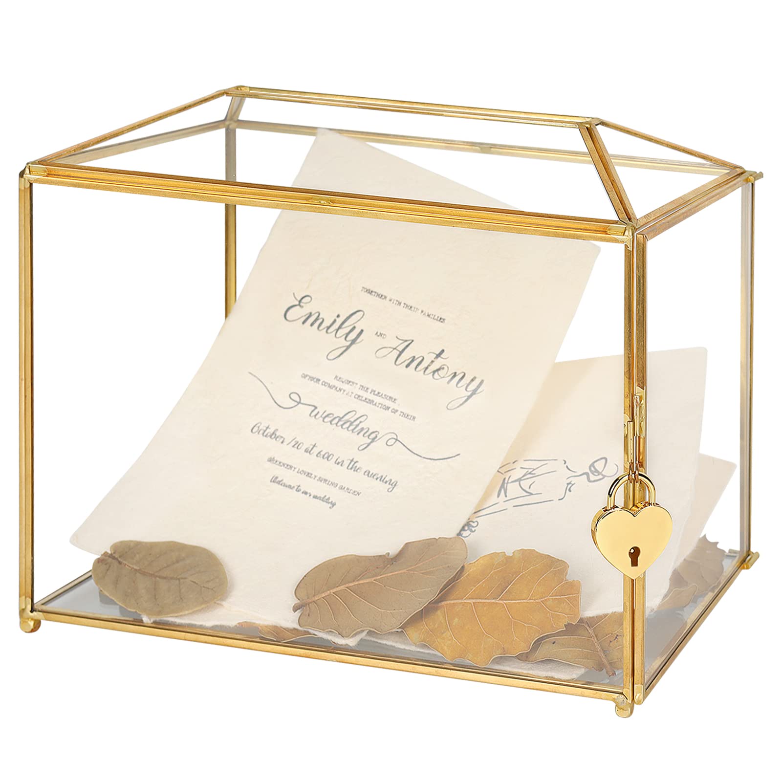 REDHUGO 10.2x5.9x7.9 in Medium Glass Card Box Handmade with Slot and Lock, Wedding Card Boxes for Reception, Graduation, Gift Cards, Party, Brass Geometric Terrarium, Golden Decorative Box