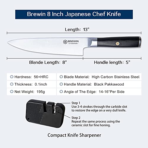 Brewin Japanese Chef knife 8 inch with Knife Sharpener,Professional Sharp Kitchen Knife with Elegant Black Pakkawood Handle High Carbon Stainless Steel Hand Forged Chef's Knives for Cooking Gift Box