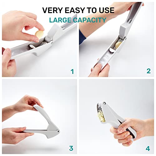 HiramWare Garlic Press, Kitchen Garlic Mincer Slicer or Squeezer with Ergonomic handle, Professional Ginger Crusher with Good Grip, Easy to Clean and Squeeze, Dishwasher Safe, BPA Free, Heavy Duty