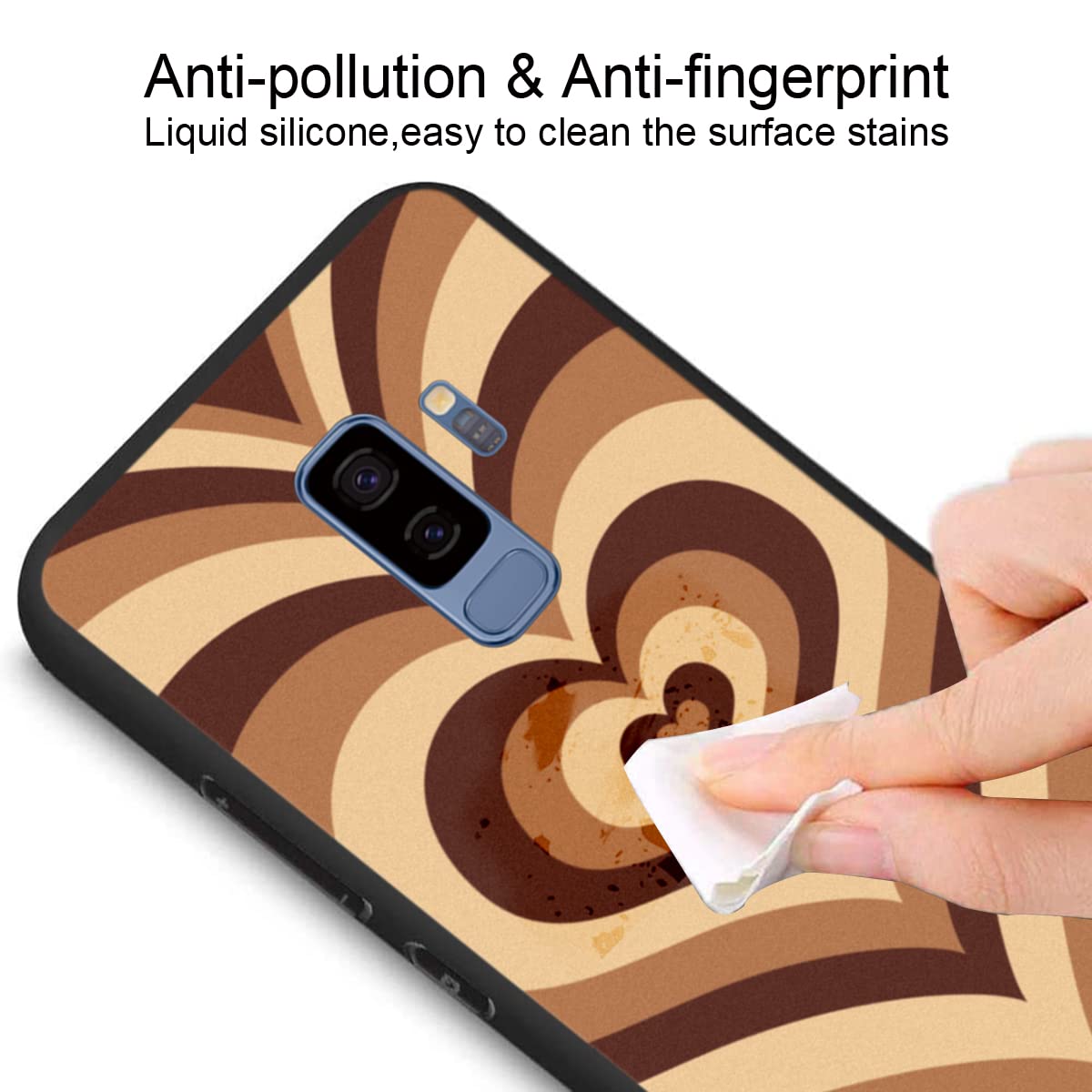 zaztify Compatible with Samsung Galaxy S9 Plus, Khaki Heart Tunnel Center Love Swirl Cute Pattern Shockproof Protective Anti-Slip Thin Slim Soft Phone Case Cover Shell