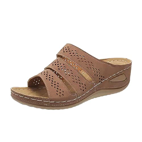 Womens Sandals Platform Ladies Fashion Retro Solid Leather Hollowed Out Carved Open Toe Thick Sole Sandals (Brown, 8)