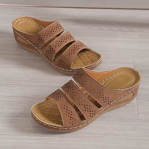 Womens Sandals Platform Ladies Fashion Retro Solid Leather Hollowed Out Carved Open Toe Thick Sole Sandals (Brown, 8)