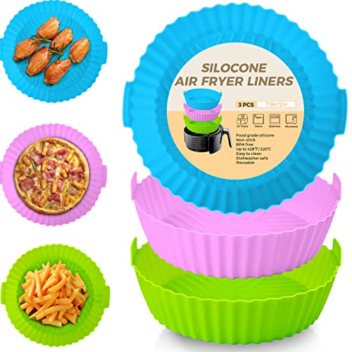 3Pcs Air Fryer Silicone Liners 8inch Air Fryer Silicone Pot Reusable Food Grade Silicone Air Fryer Baking Tray Basket Accessories Replacement of Flammable Disposable Parchment Paper Fit 3-7QT Airfryer