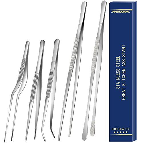5 Pcs Kitchen Fine Tweezer Tongs, Stainless Steel Food Tweezers Set, Professional Kitchen Long Tweezer for Cooking,Repairing,Sea food,BBQ,Multi-use(12"and 6.3")
