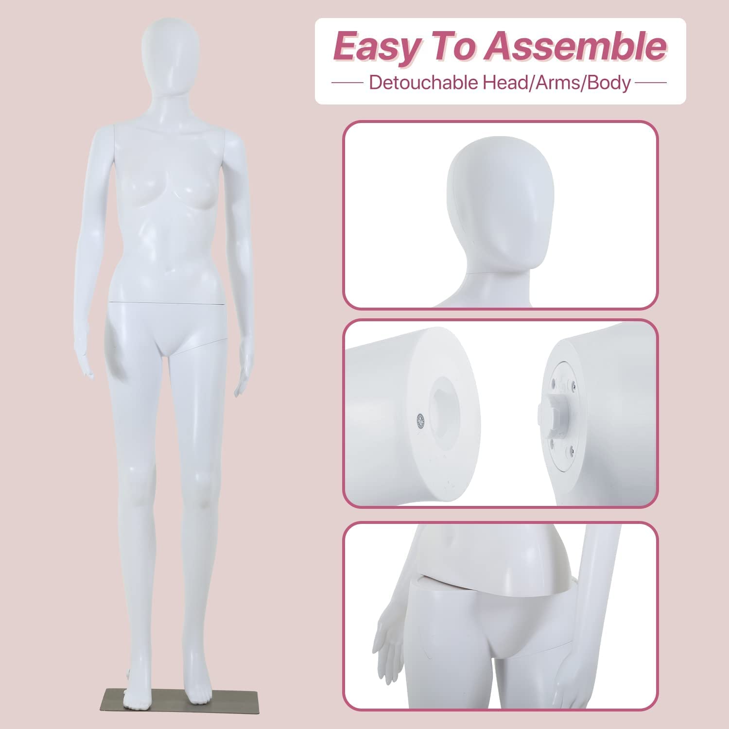 Female Mannequin Full Body 69" High Adjustable Realistic Manikin Torso with Metal Base for Display Women, Plastic Head Turns Poseable Mannequin Stand, White