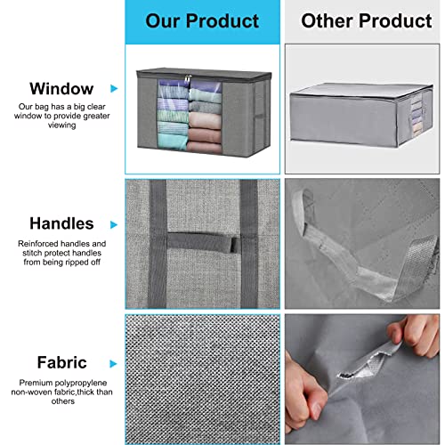 Foldable Large Clothes Comforter Soft Storage Bags, Breathable Linen Closet Storage and Organizers for Blankets, with Sturdy Zippers Clear Window, Set of 2 Grey with Printing