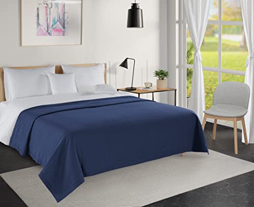LANE LINEN Navy Blue Twin Blanket for Bed – 100% Cotton 320GSM Lightweight Soft Cozy 3-Layer Oversized Cooling Summer Throw Durable Breathable All Season Percale Weave 68”x90”