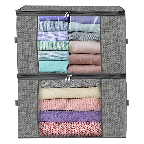 Foldable Large Clothes Comforter Soft Storage Bags, Breathable Linen Closet Storage and Organizers for Blankets, with Sturdy Zippers Clear Window, Set of 2 Grey with Printing